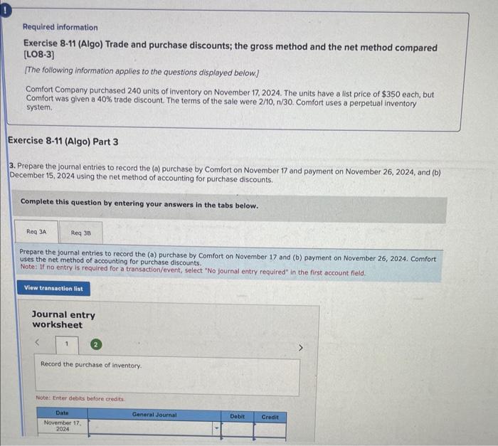 Solved Required information Exercise 8-11 (Algo) Trade and | Chegg.com