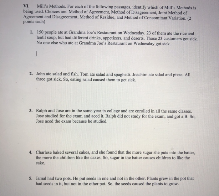 VI. Mill's Methods. For each of the following | Chegg.com