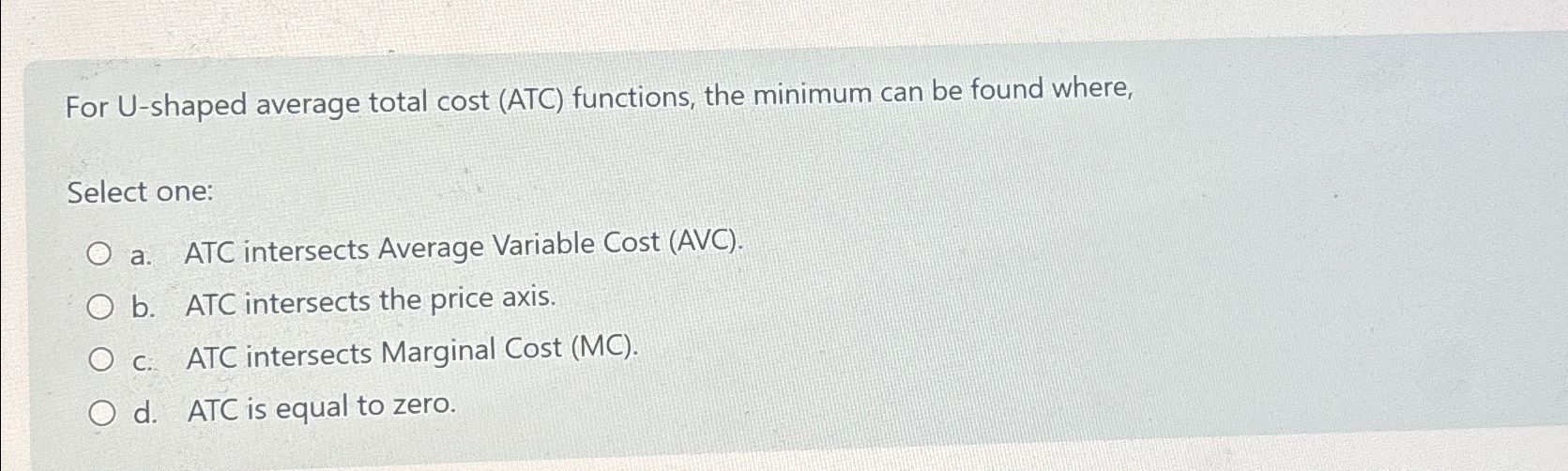 Solved For U-shaped average total cost (ATC) ﻿functions, the | Chegg.com