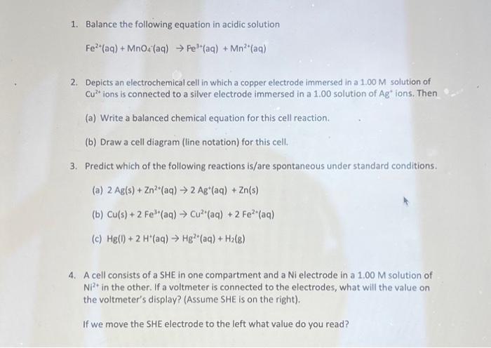 Solved 1. Balance the following equation in acidic solution | Chegg.com