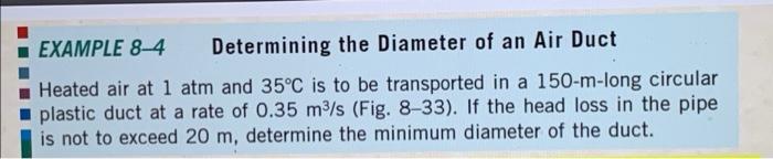 Solved EXAMPLE 8-4 Determining the Diameter of an Air Duct | Chegg.com