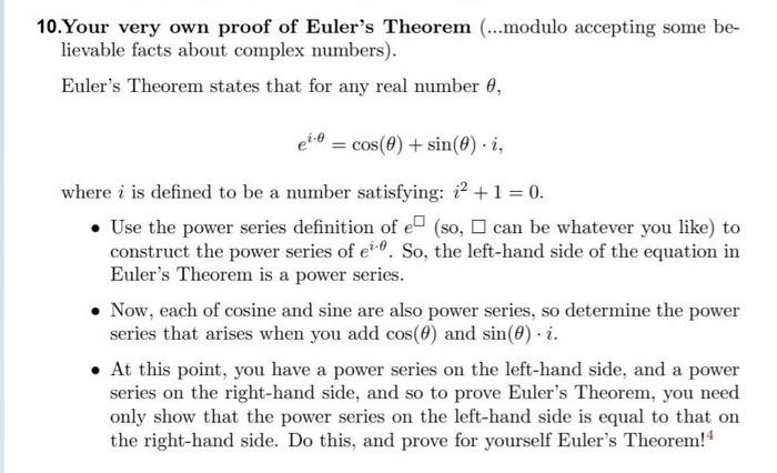 Solved 10.Your very own proof of Euler's Theorem ...modulo | Chegg.com