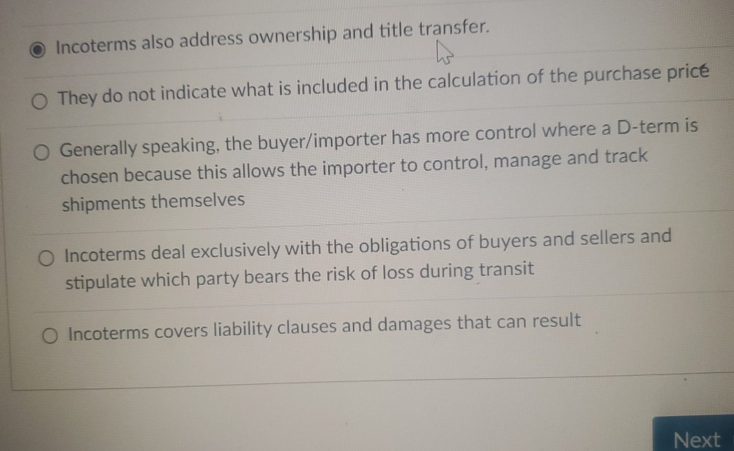 Solved Incoterms also address ownership and title | Chegg.com