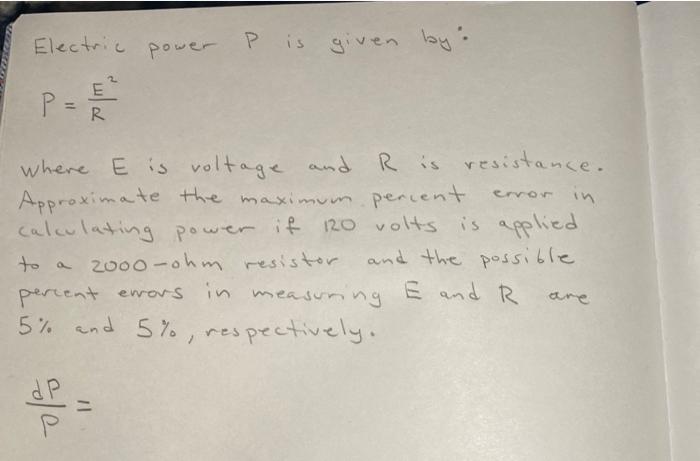 Solved Electric power P is given given by: 2 P=R uld where | Chegg.com