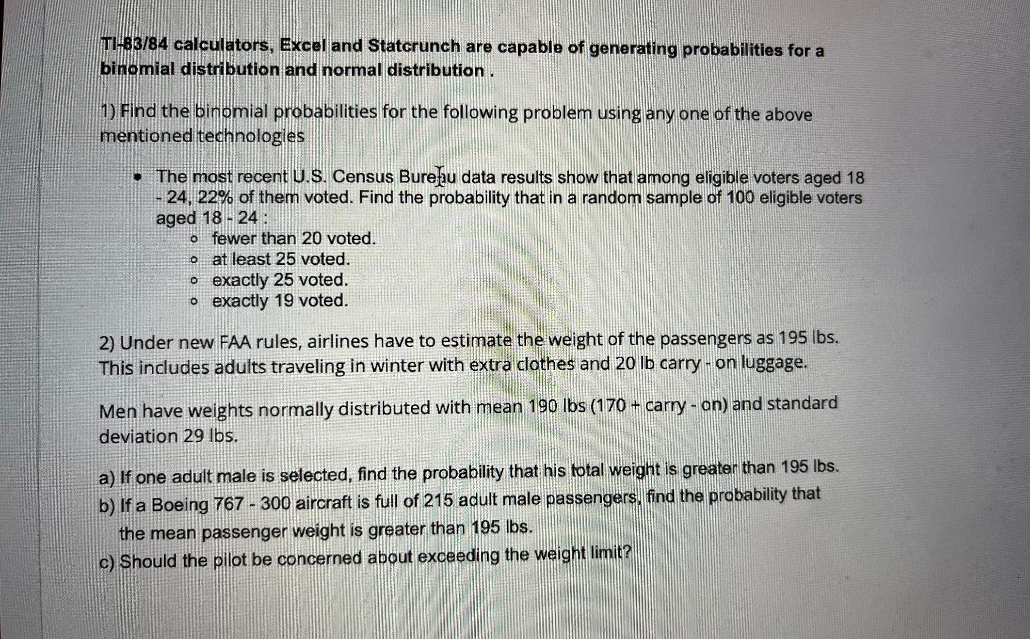 Solved TI-83/84 ﻿calculators, Excel and Statcrunch are | Chegg.com