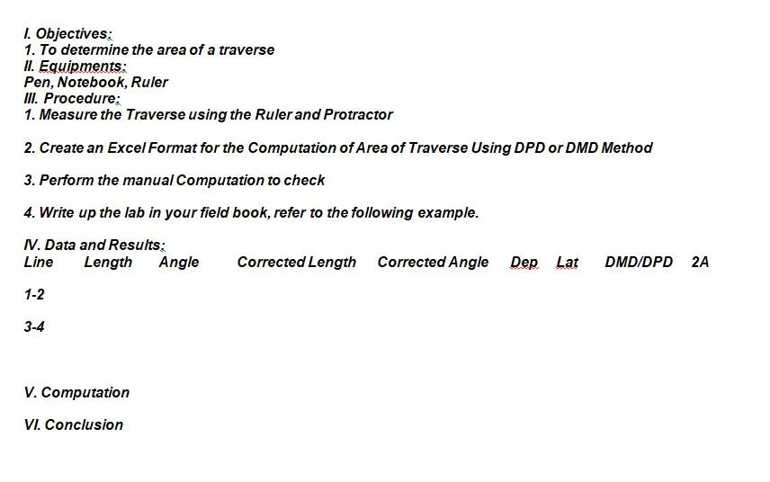 Solved 1. Objectives: 1. To determine the area of a traverse | Chegg.com