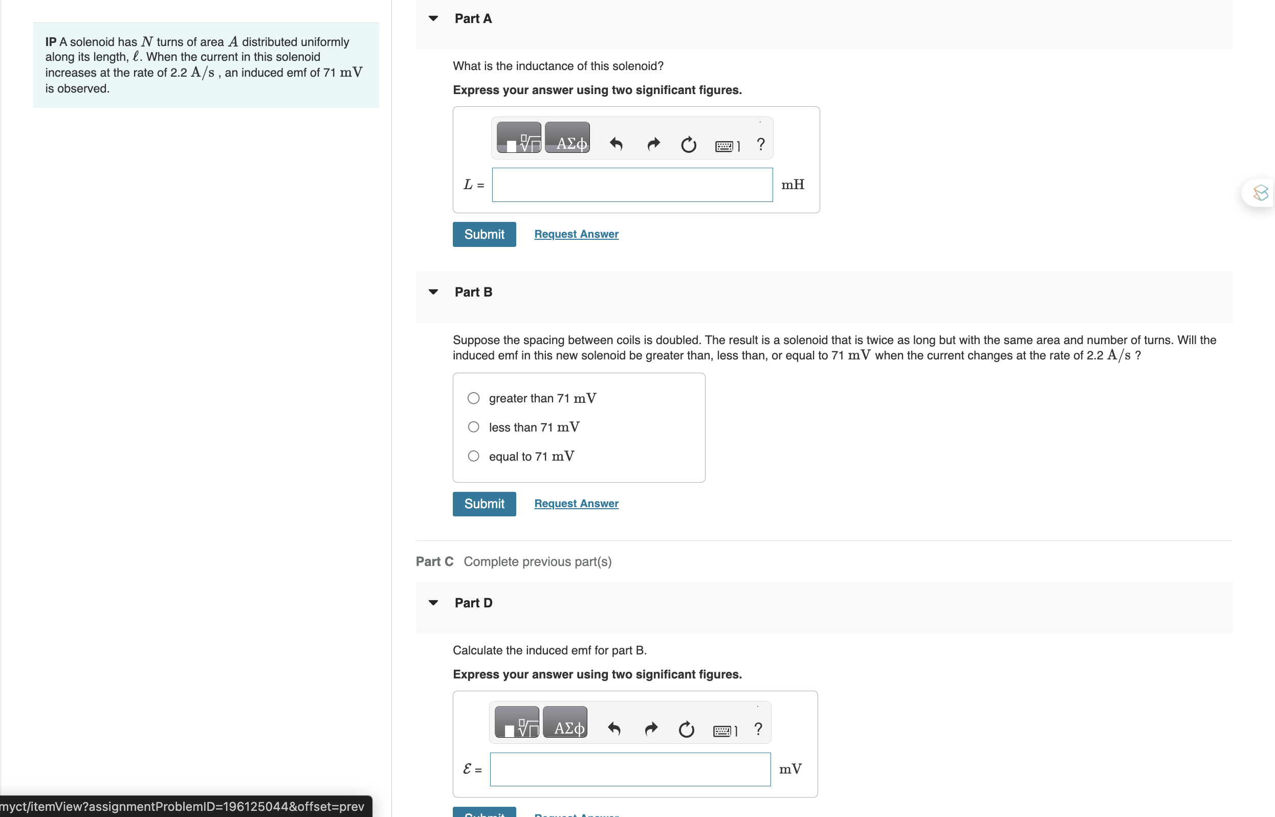 Solved IP A solenoid has N ﻿turns of area A distributed | Chegg.com