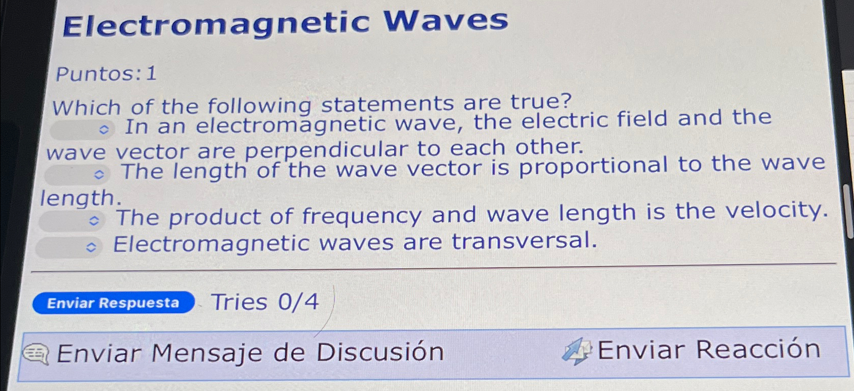 Solved Electromagnetic WavesPuntos: 1Which of the following | Chegg.com