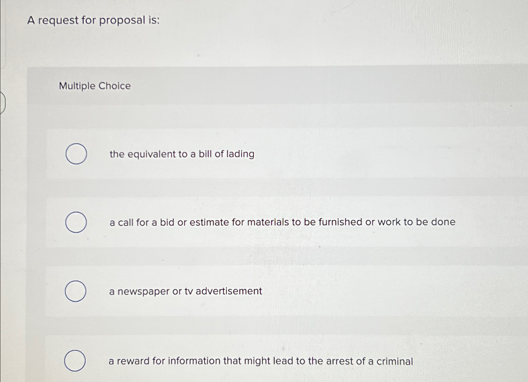 Solved A request for proposal is:Multiple Choicethe | Chegg.com