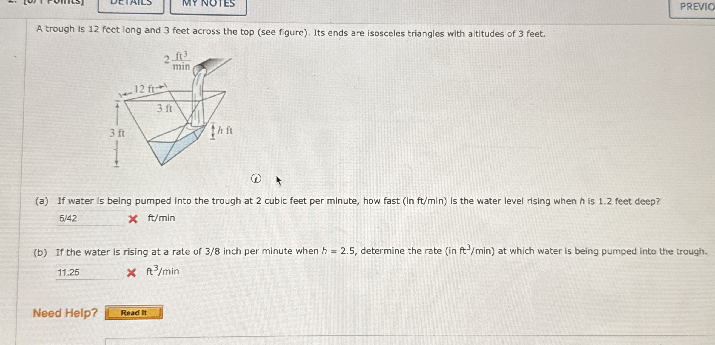Solved A trough is 12 ﻿feet long and 3 ﻿feet across the top | Chegg.com