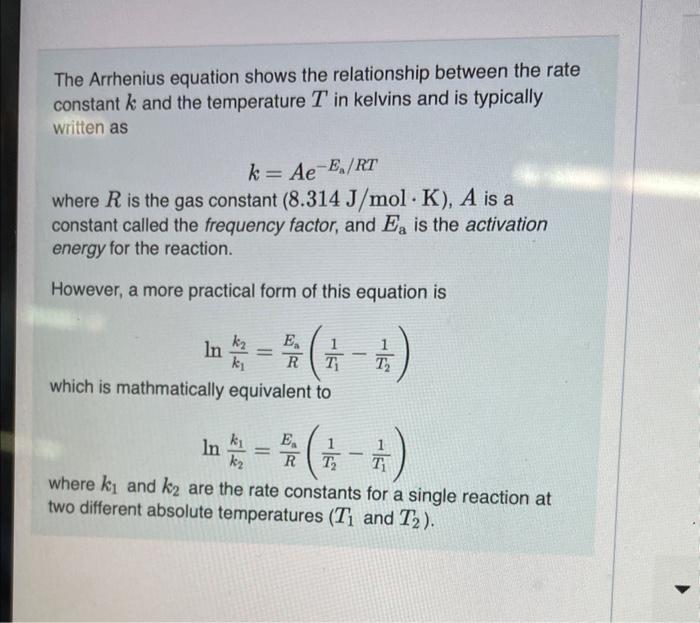 Solved The Arrhenius equation shows the relationship between | Chegg.com