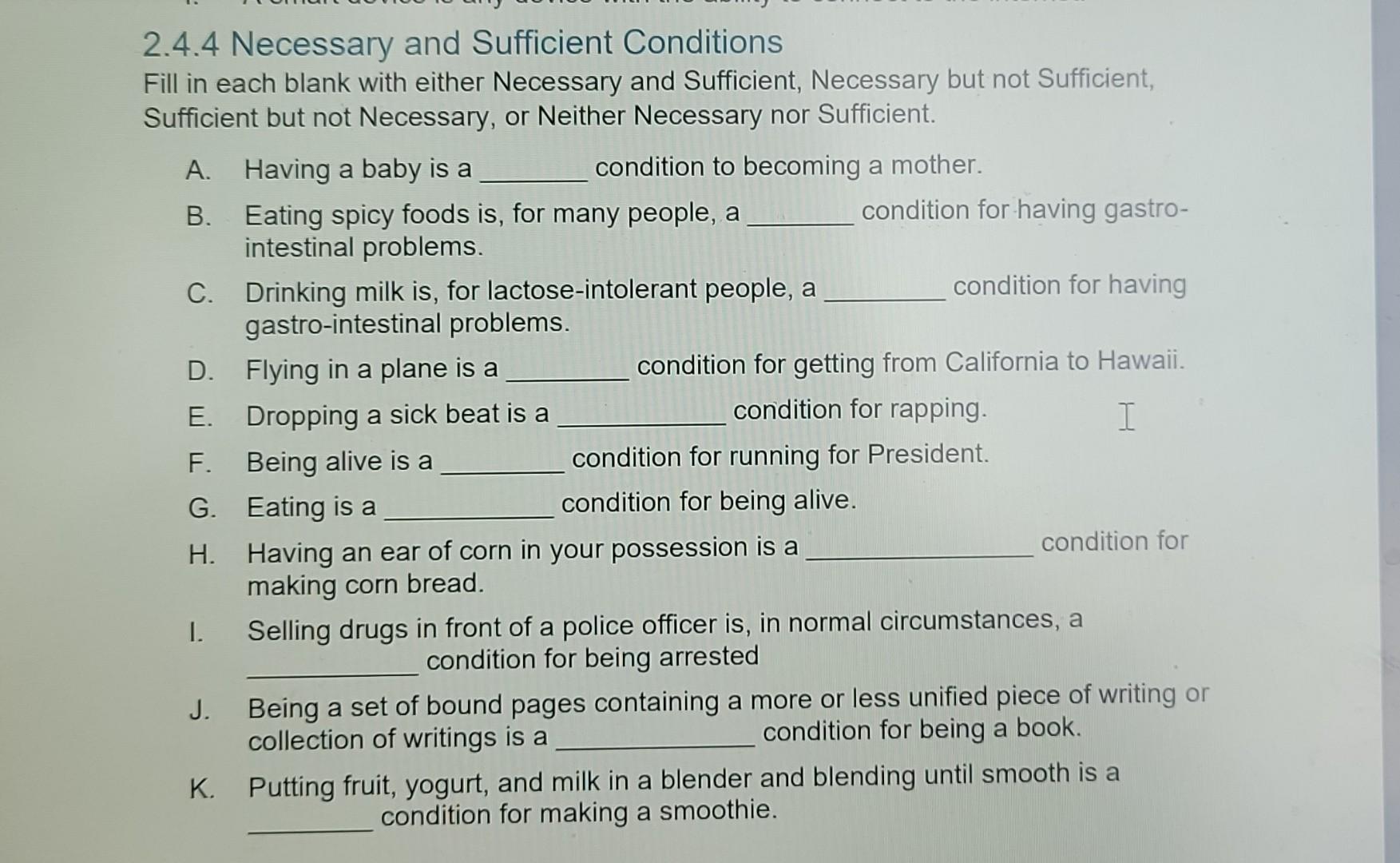 Solved 2.4.4 Necessary and Sufficient Conditions Fill in | Chegg.com