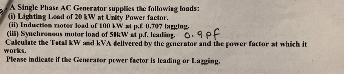 Solved A Single Phase AC Generator supplies the following | Chegg.com