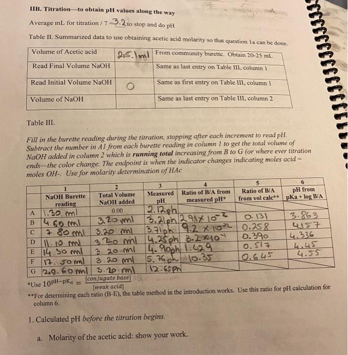 IIB. Titration - to obtain pH values along the way | Chegg.com