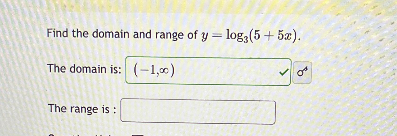Solved Find the domain and range of y=log3(5+5x).The domain | Chegg.com