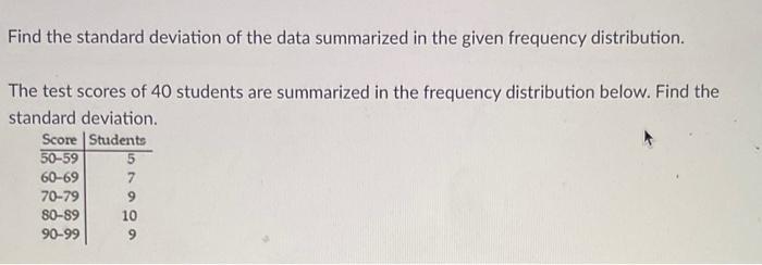 Solved Find the standard deviation of the data summarized in | Chegg.com