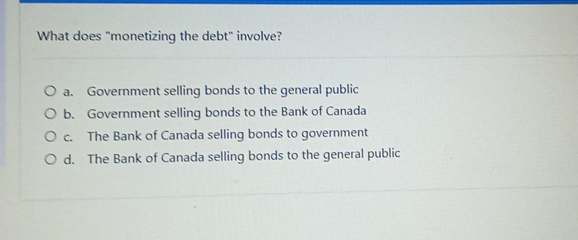 Solved What does "monetizing the debt" involve? a. | Chegg.com