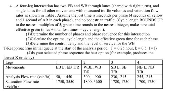 Solved 4. A four-leg intersection has two EB and WB through | Chegg.com