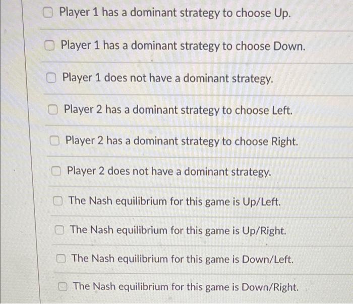 Solved In the game shown below, Player 1 can move Up or | Chegg.com