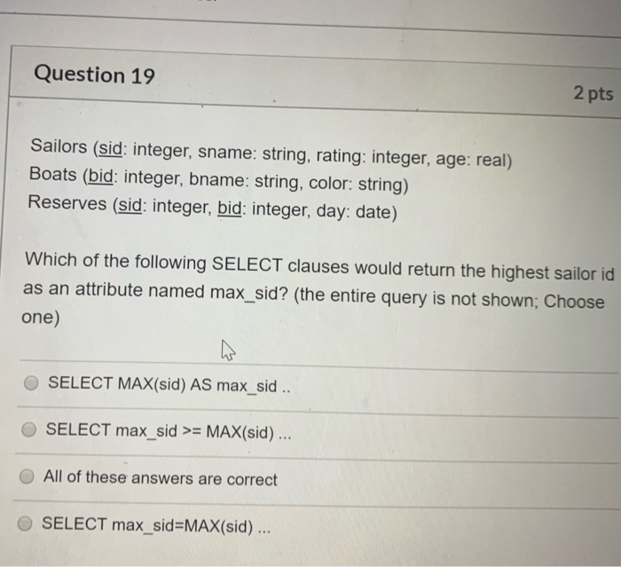 Solved Question 19 2 pts Sailors (sid: integer, sname: | Chegg.com