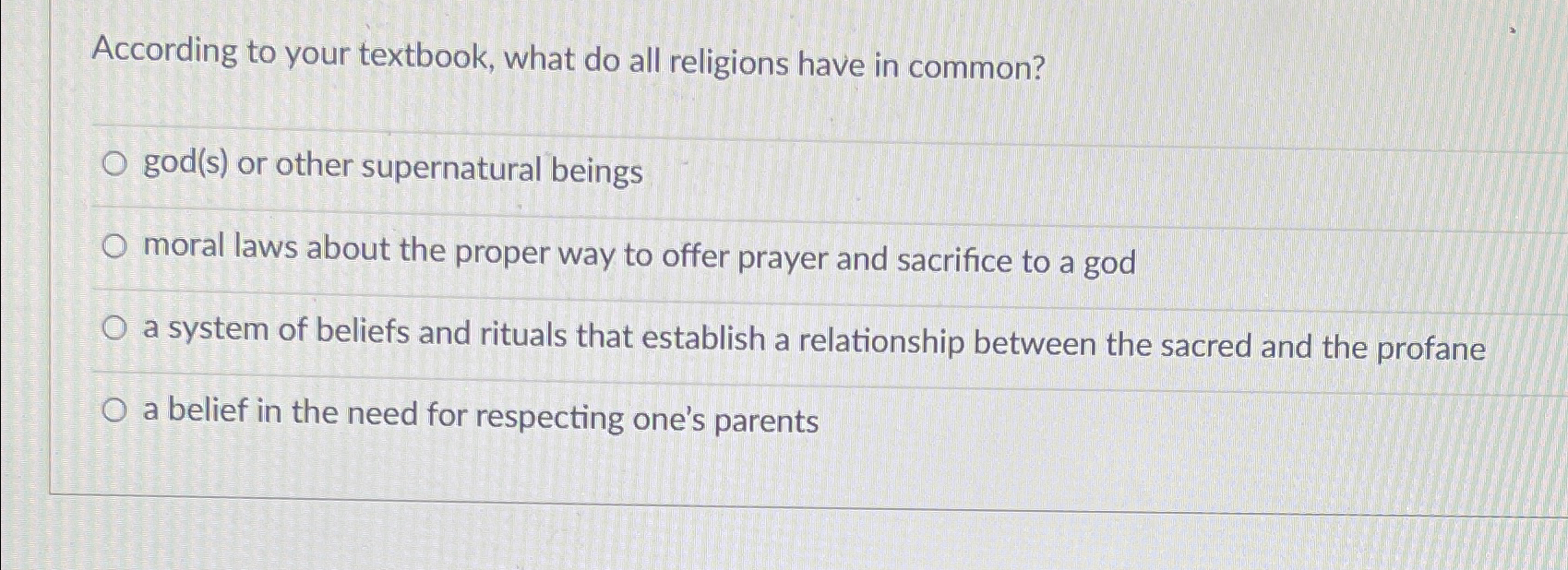 Solved According to your textbook, what do all religions | Chegg.com