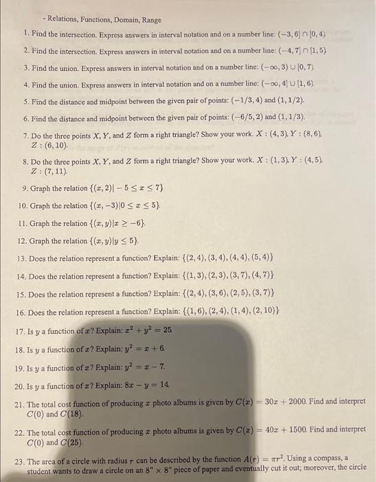 Solved - Relations, Functions, Domain, Range 1. Find the | Chegg.com