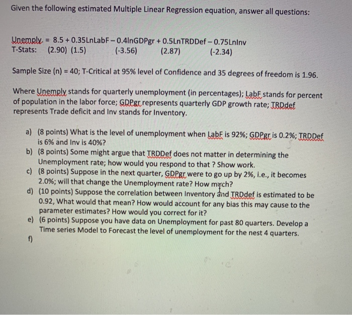 Given the following estimated Multiple Linear | Chegg.com
