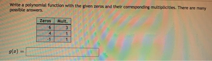 Solved Write A Polynomial Function With The Given Zeros And