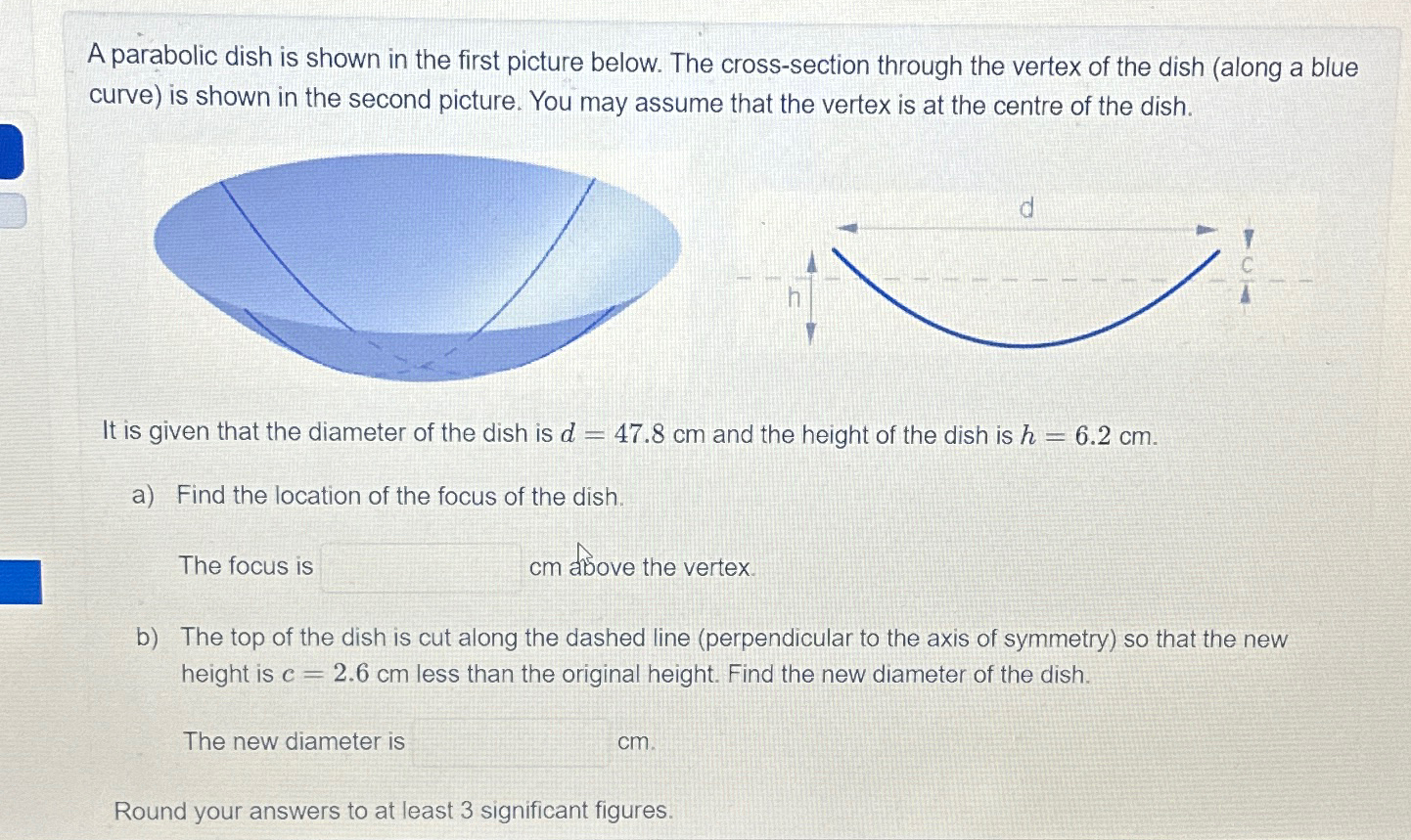 Solved A parabolic dish is shown in the first picture below. | Chegg.com