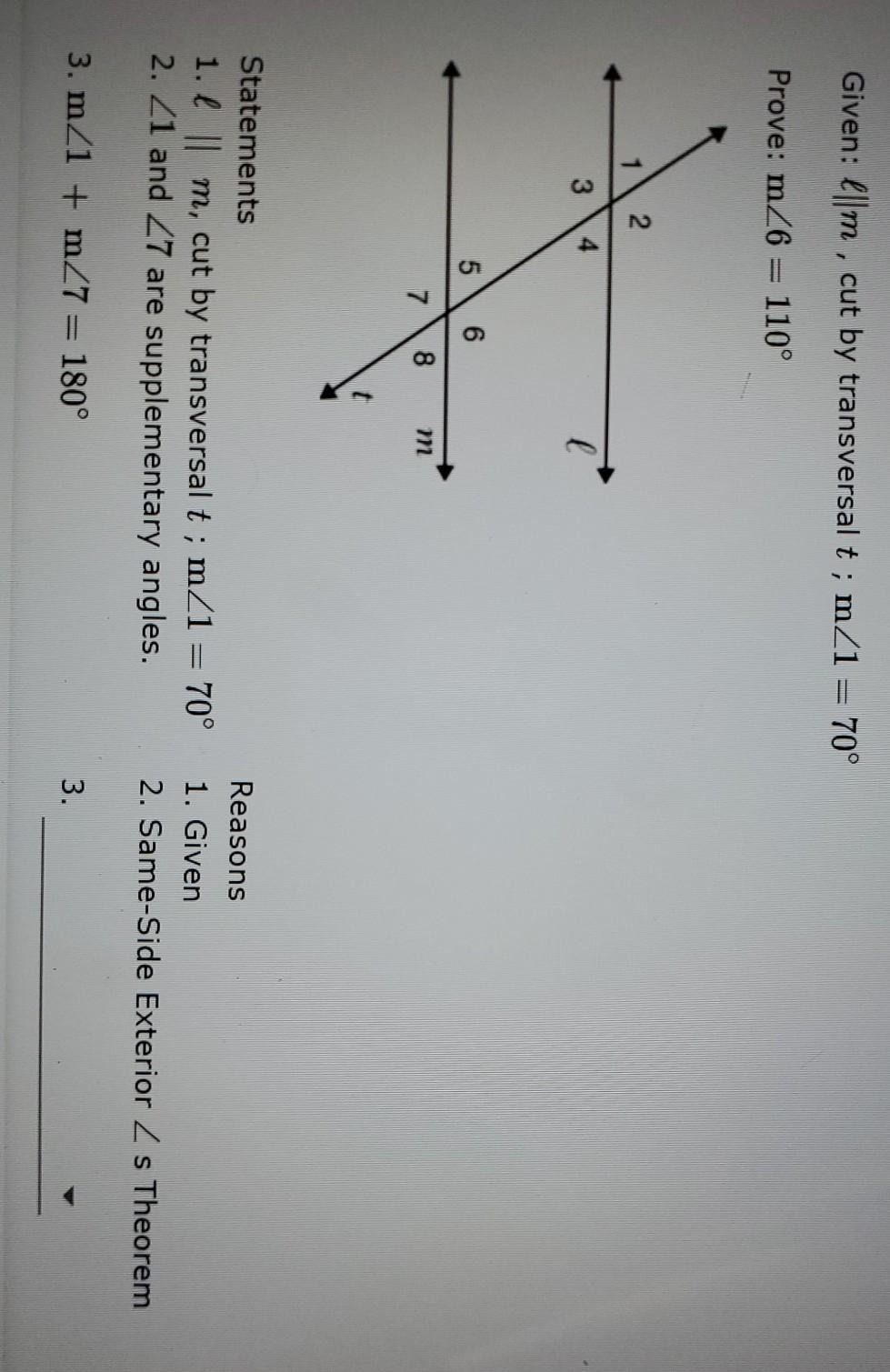 Solved Given: e|jm , cut by transversal t; m_1 = 70° Prove: | Chegg.com