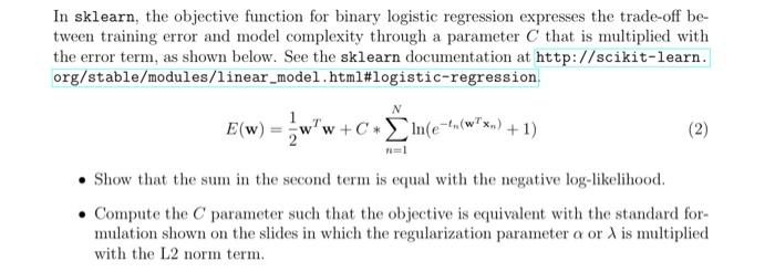 In sklearn, the objective function for binary | Chegg.com