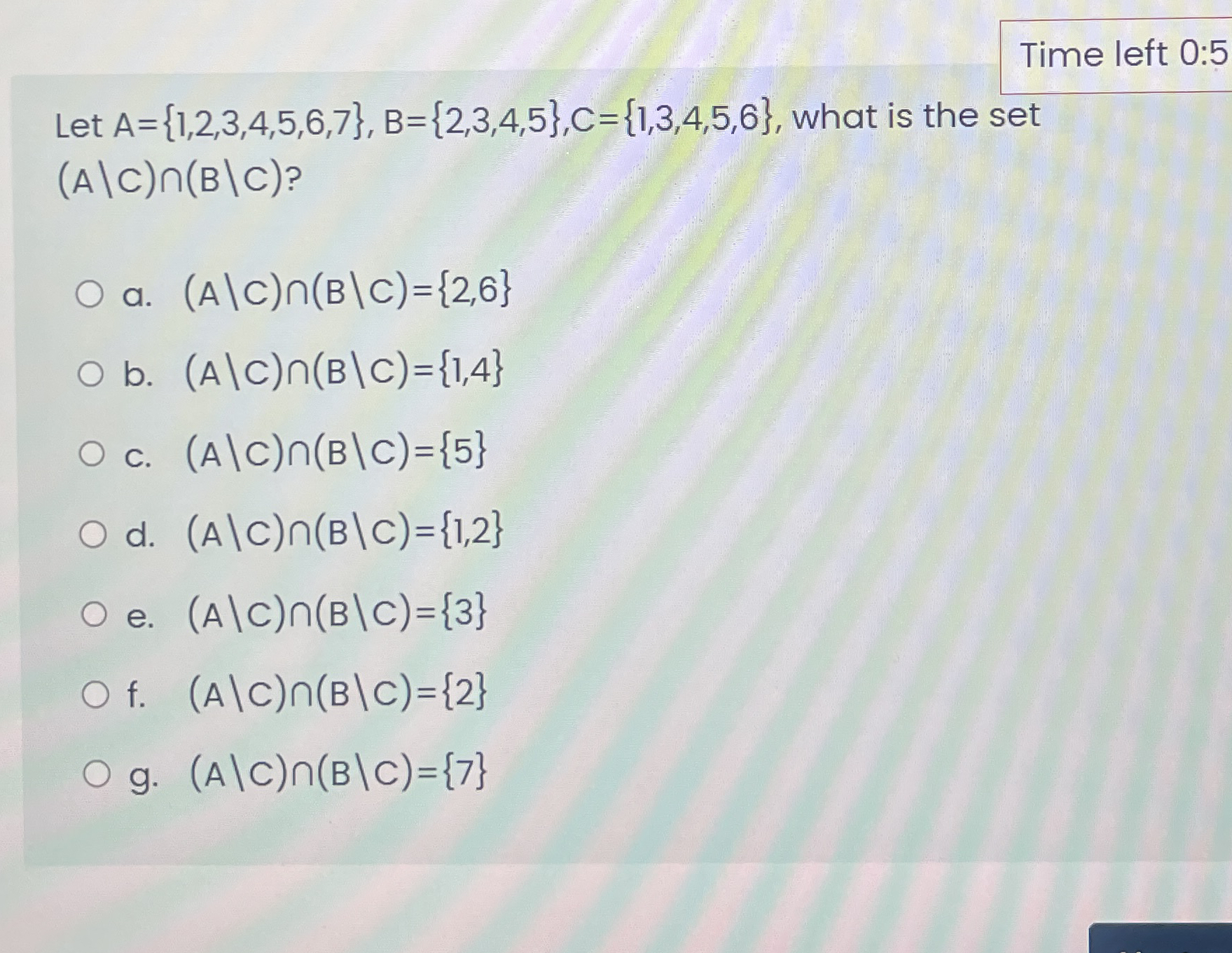 Solved Time left 0:5Let | Chegg.com