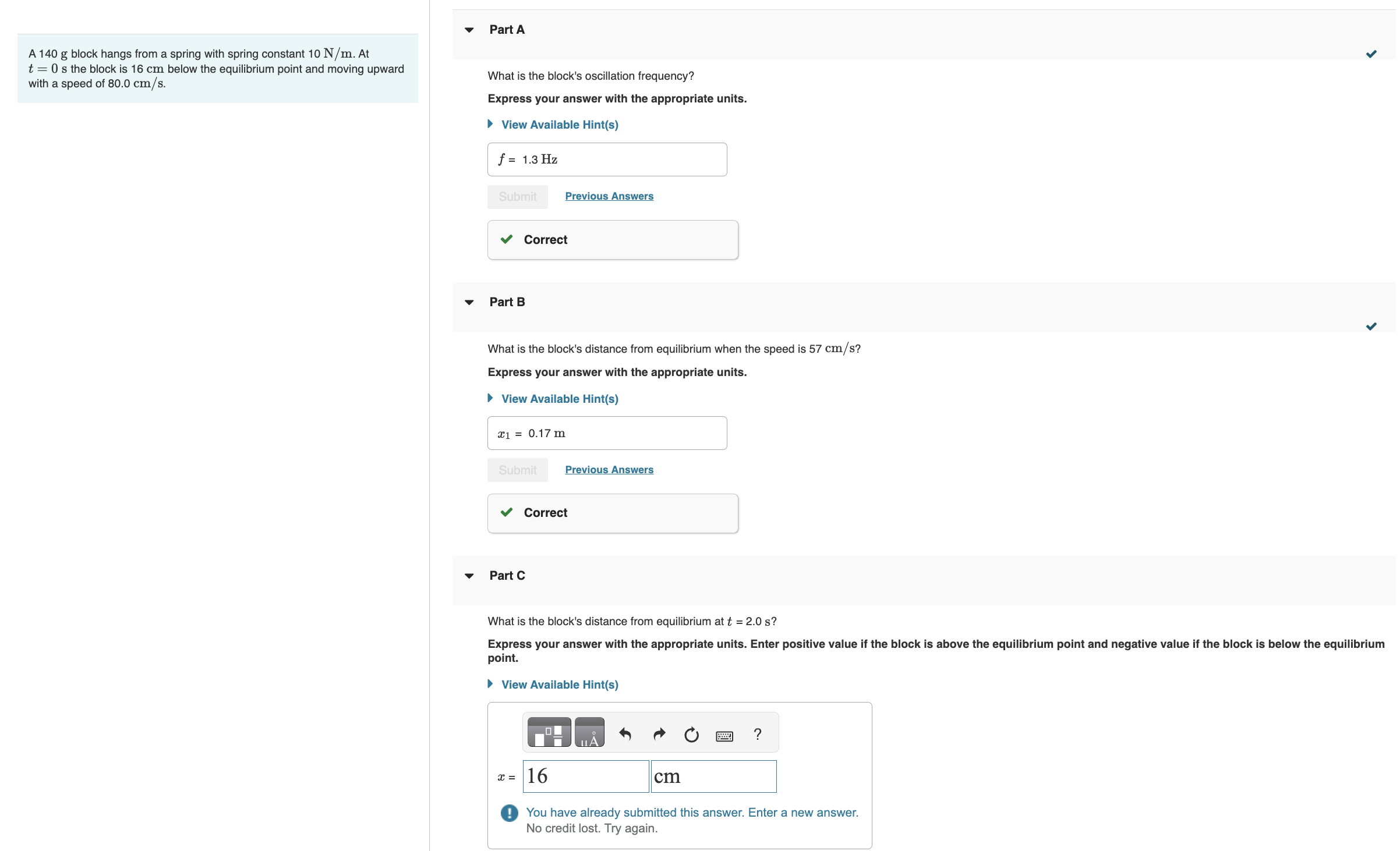 Solved A 140g ﻿block hangs from a spring with spring | Chegg.com