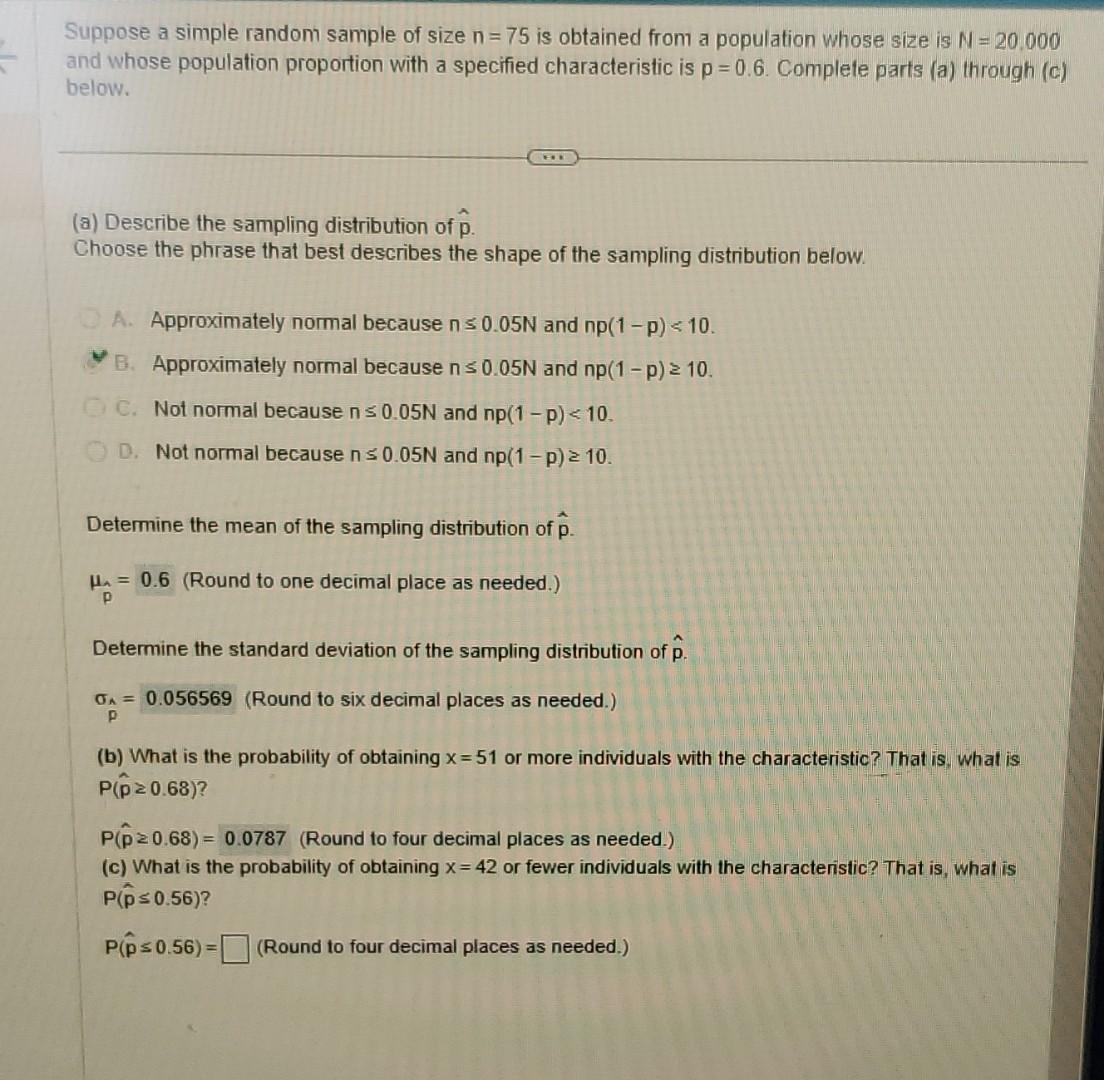 Solved Suppose a simple random sample of size n=75 is | Chegg.com