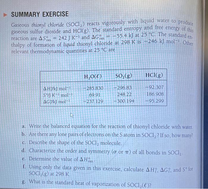 Solved SUMMARY EXERCISE Gaseous thionyl chloride (SOCl2) | Chegg.com