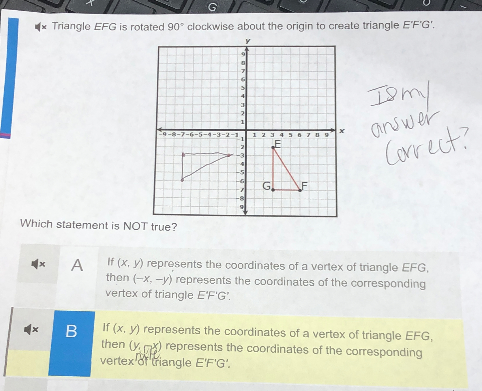 Solved Triangle EFG is rotated 90° ﻿clockwise about the | Chegg.com
