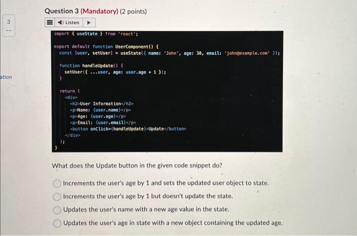 Solved Question 1 (Mandatory) (1 point) inport ( usestate) | Chegg.com