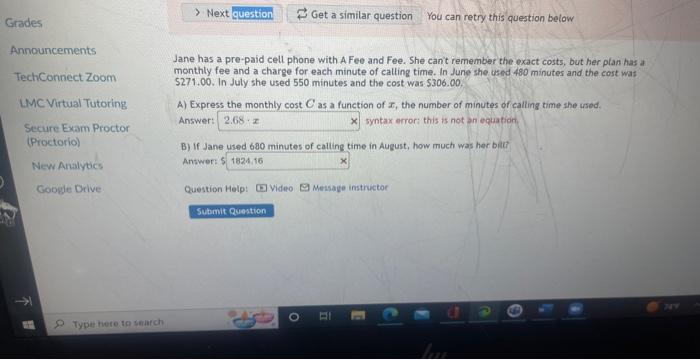 Solved Jane has a pre-paid cell phone with A Fee and Fee. | Chegg.com