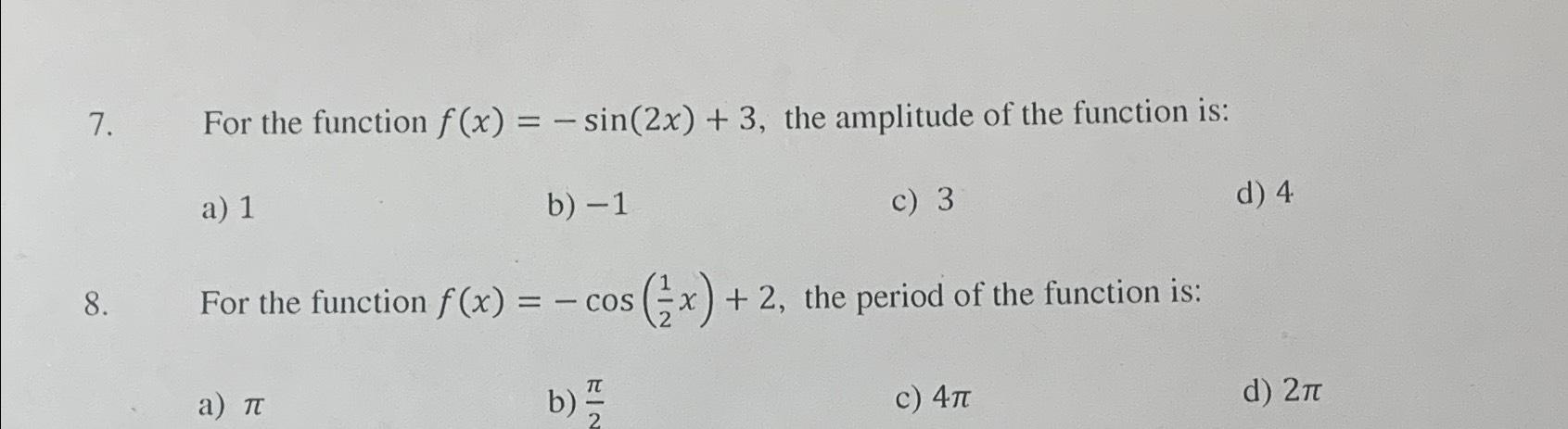 Solved For the function f(x)=-sin(2x)+3, ﻿the amplitude of | Chegg.com