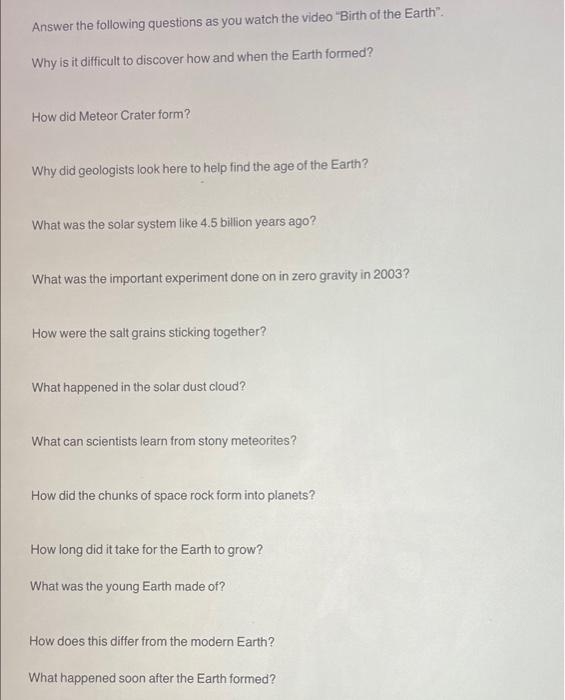 Solved geology questions based on the "Birth of Earth" video | Chegg.com