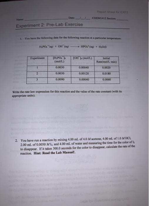 Report Sheet for EXP2 Name: CHEM 1412 Section | Chegg.com