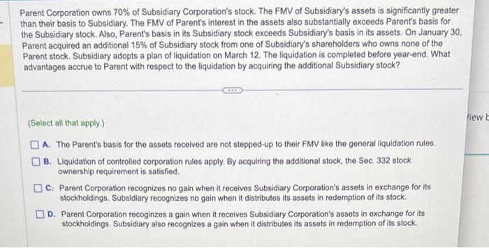Solved Parent Corporation owns 70% of Subsidiary | Chegg.com