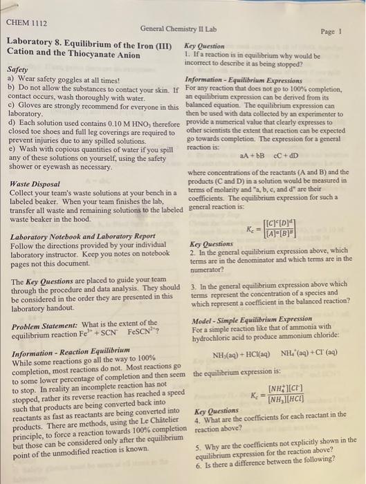 CHEM 1112 General Chemistry II Lab Page 1 Laboratory | Chegg.com