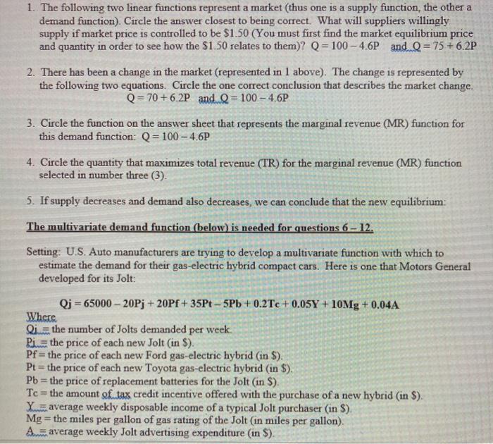 Solved 1. The following two linear functions represent a | Chegg.com