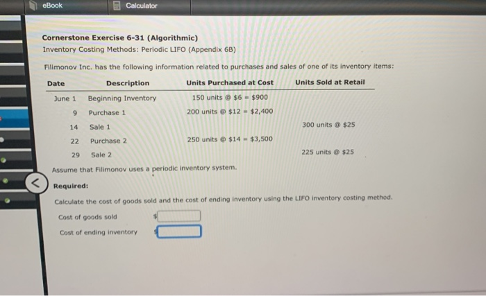 Solved eBook Calculator 9 Cornerstone Exercise 6-31 | Chegg.com