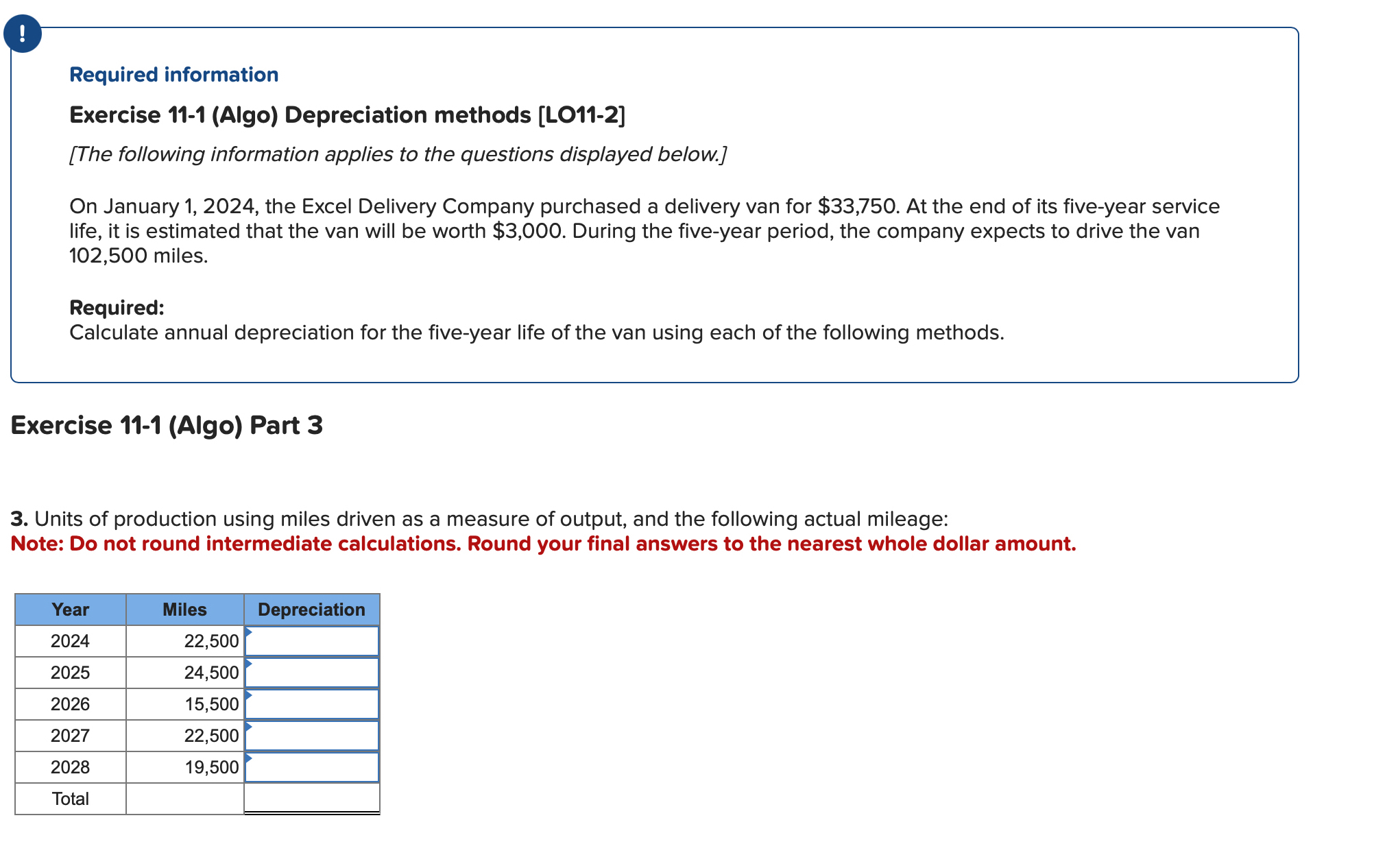 Exercise 11-1 (Algo) ﻿Part 3Units of production using | Chegg.com