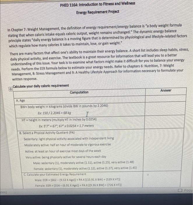 PHED 1164: Introduction to Fitness and Wellness | Chegg.com