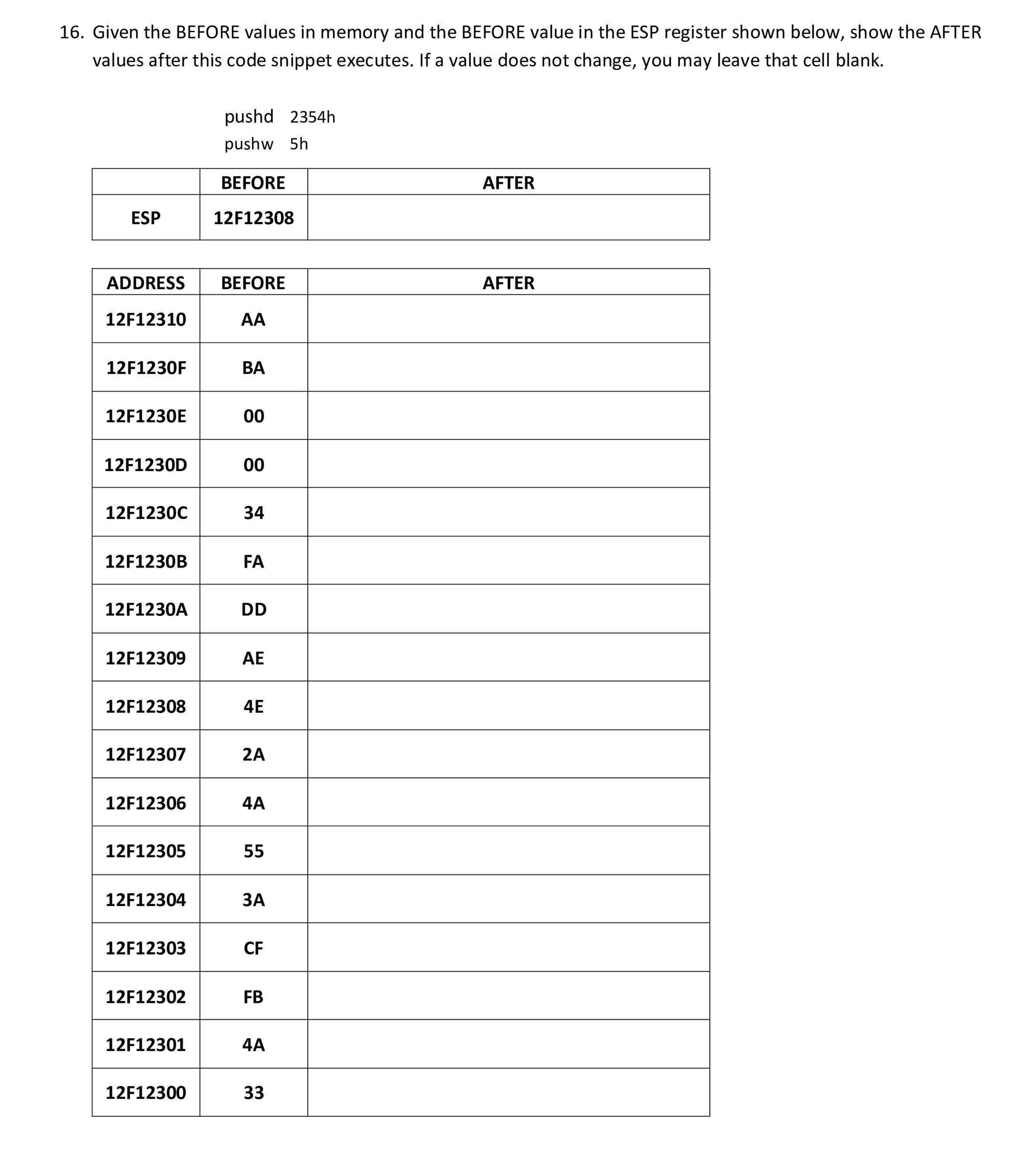 Solved Given the BEFORE values in memory and the BEFORE | Chegg.com