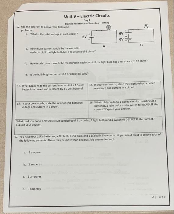 Solved Unit 9 - Electric Circuits Day 2 Electric Resistance | Chegg.com