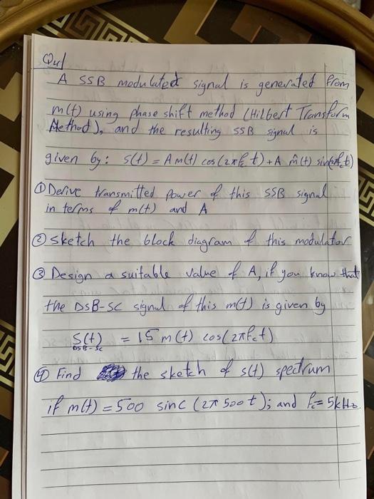 Solved Q) A SSB modulated signal is generated from m(t) | Chegg.com